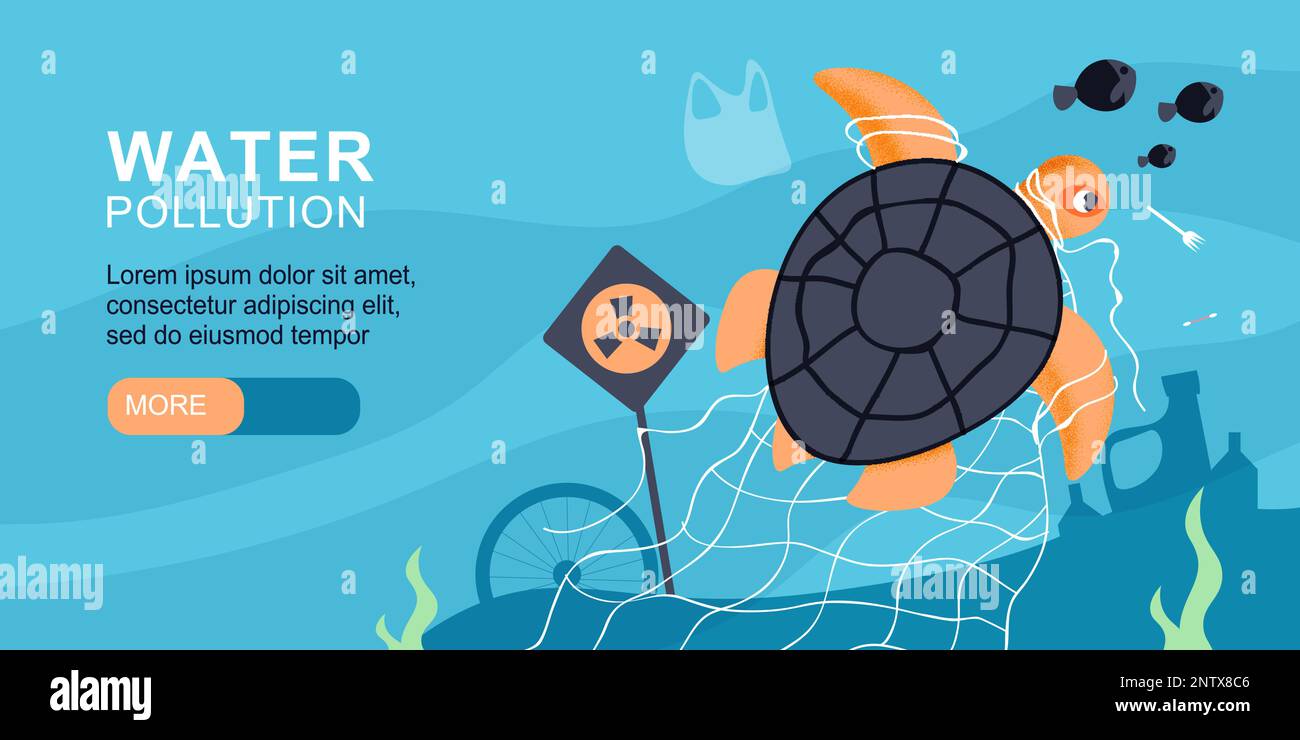 Water pollution flat banner with sea turtle stucked in plastic net ...