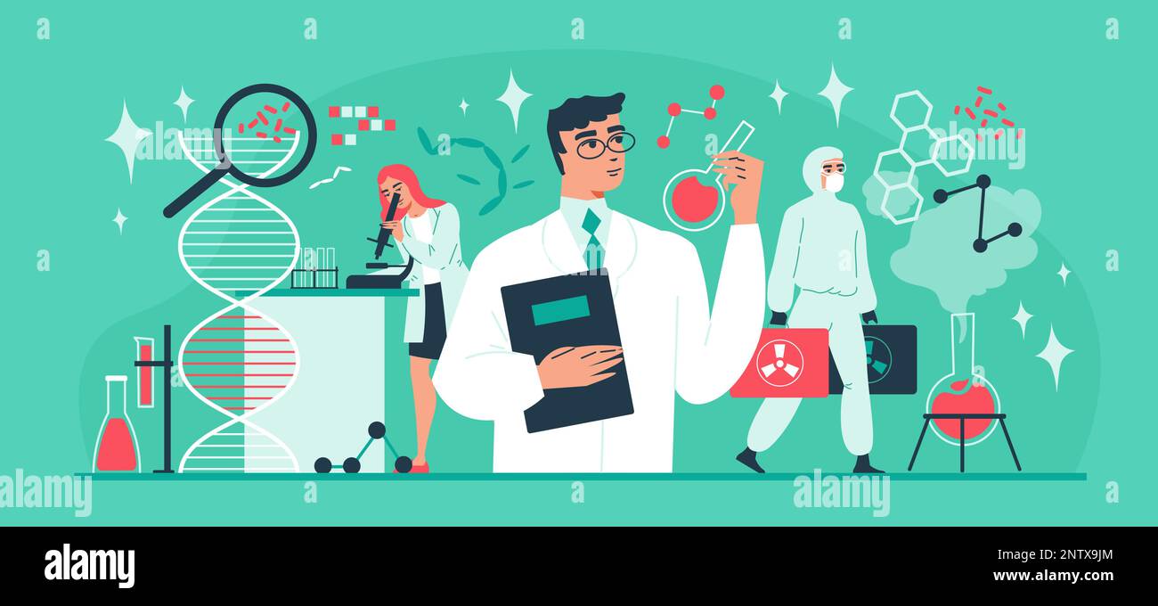Scientific laboratory flat concept with scientist and researcher ...