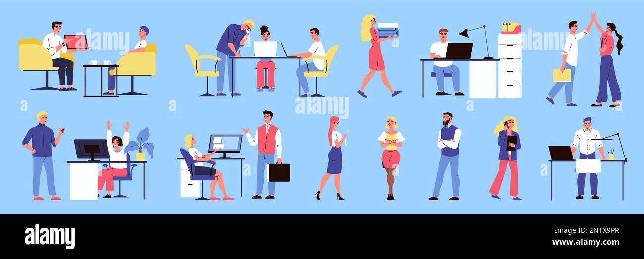 Flat office icons set with people in official clothing during work time ...