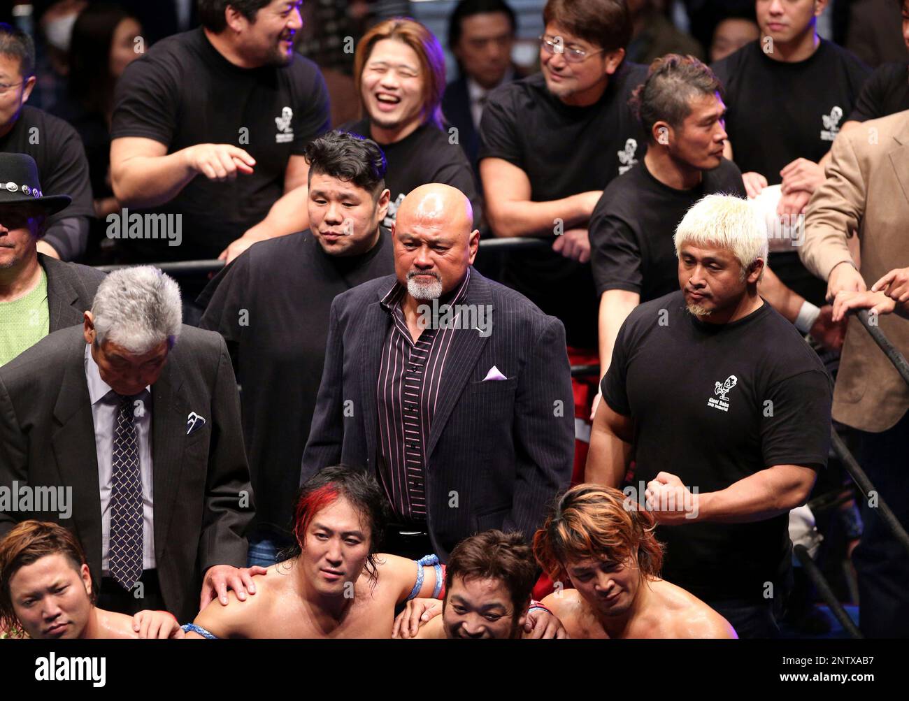 Former Japanese pro wrestler Keiji Muto (C) with other wrestlers ...