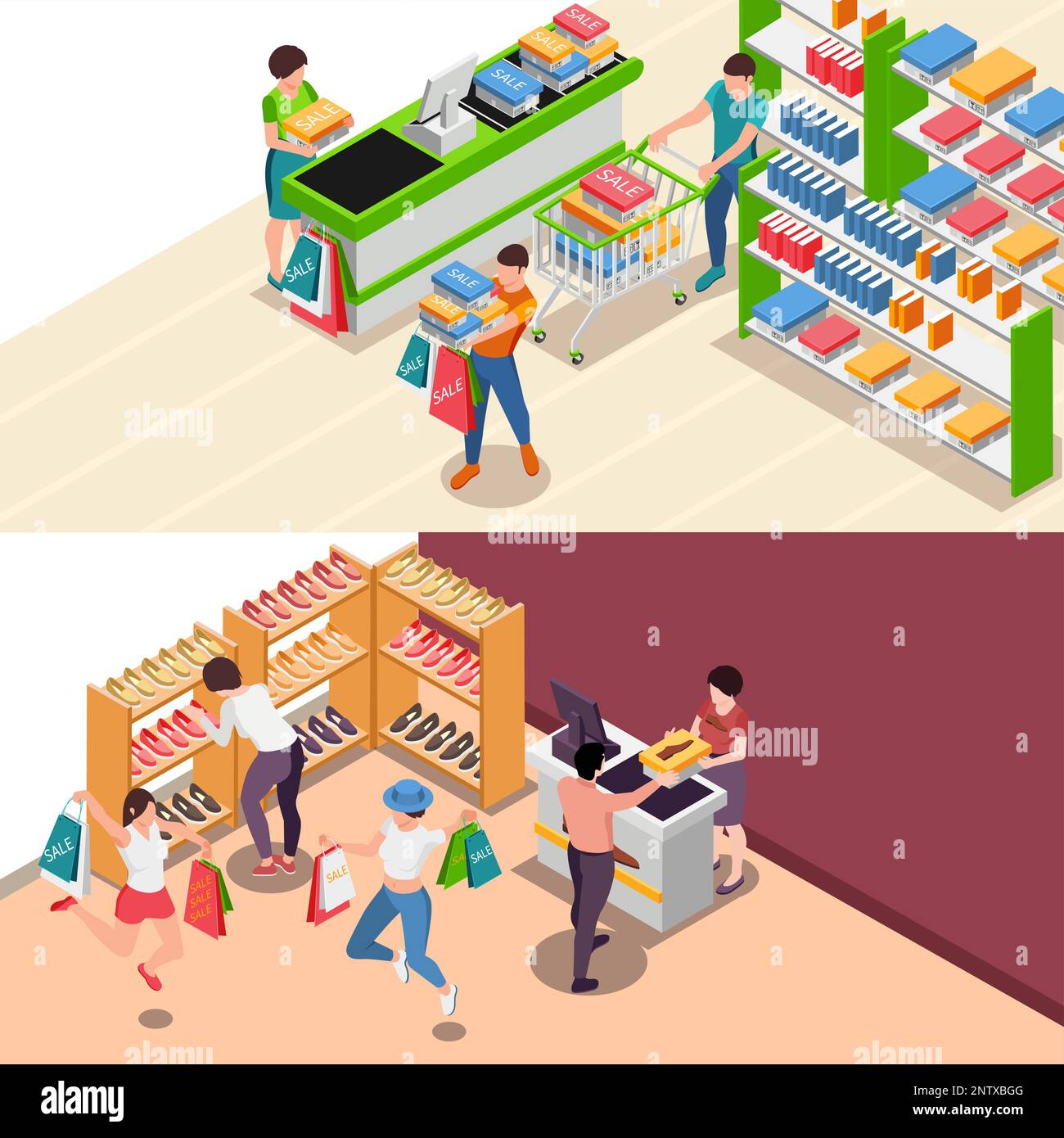 Shopping people isometric set of two horizontal compositions with human ...