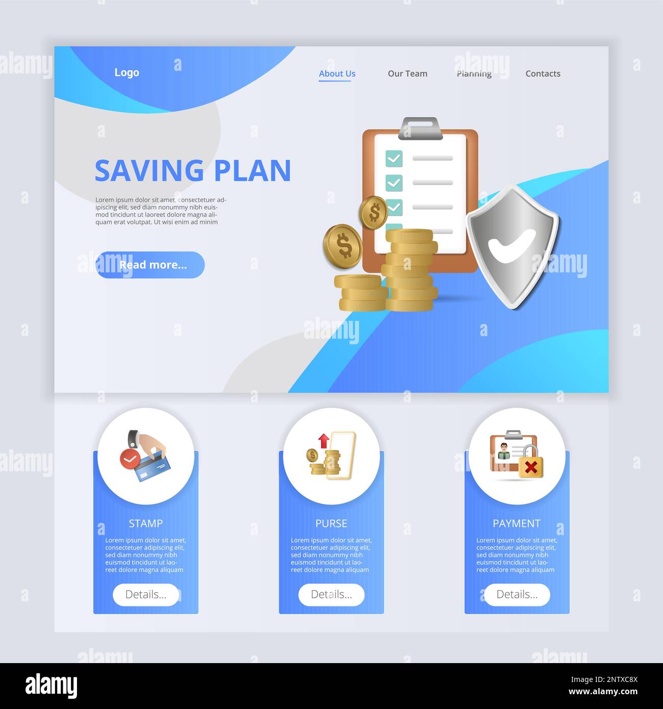 Saving plan flat landing page website template. Stamp, purse, payment ...