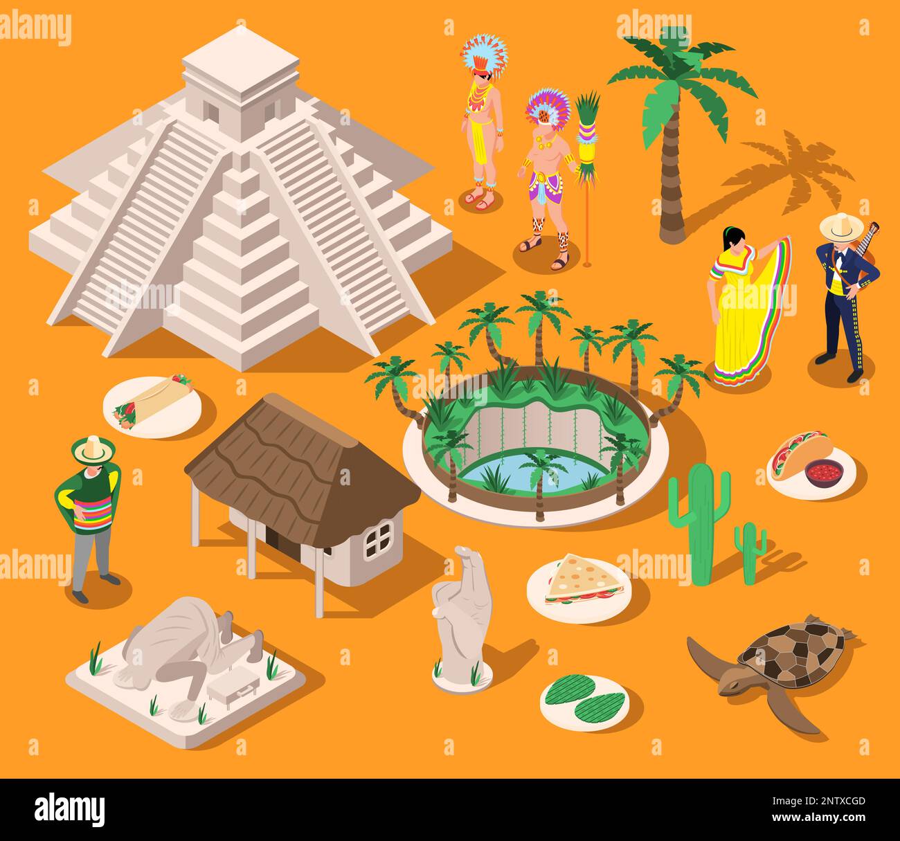 Yucatan travel isometric composition with set of isolated traditional ...
