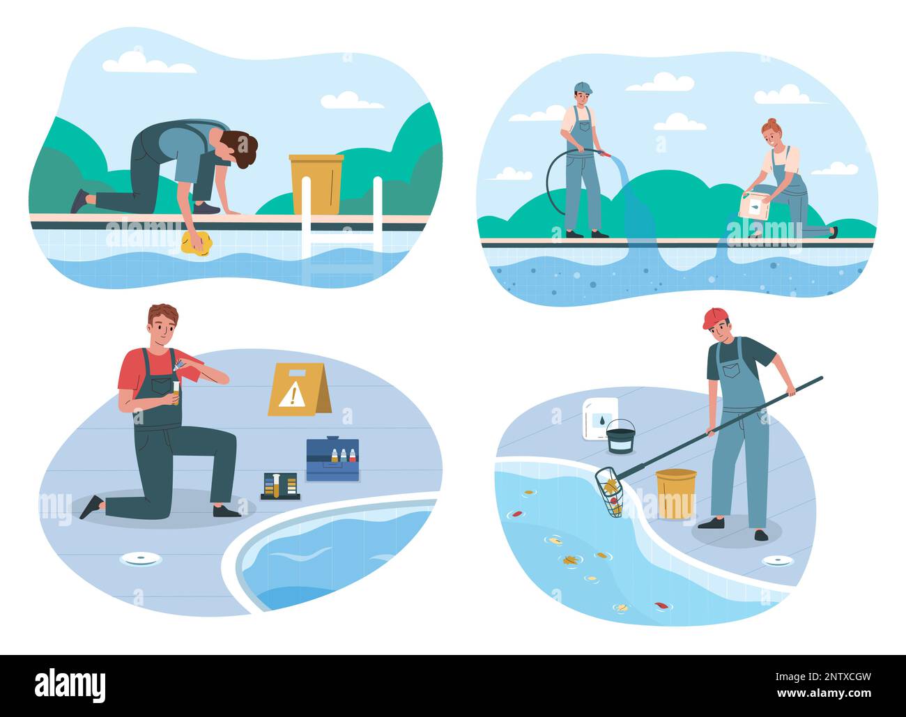 Swimming pool maintenance service 2x2 set with workers in uniform ...