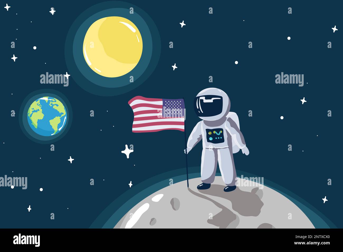 Cute little astronaut stand on the moon with USA flag.Space mission ...