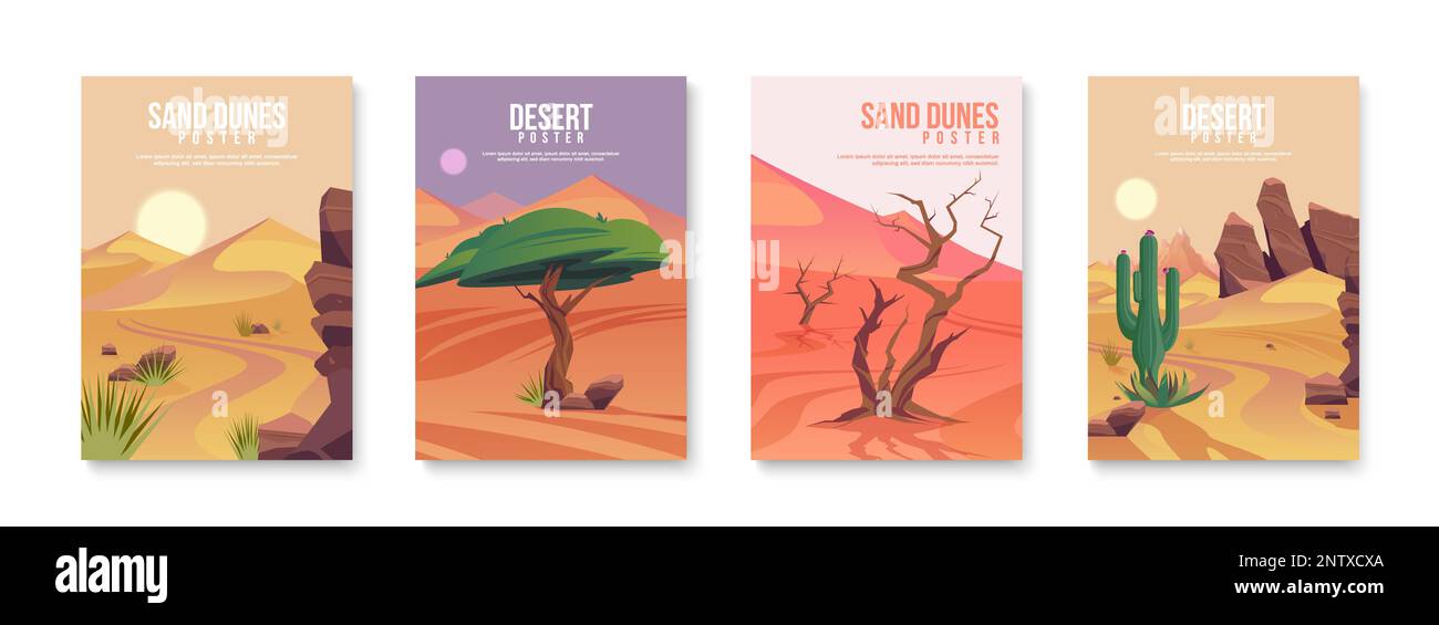 Desert posters set with four isolated vertical backgrounds with text ...