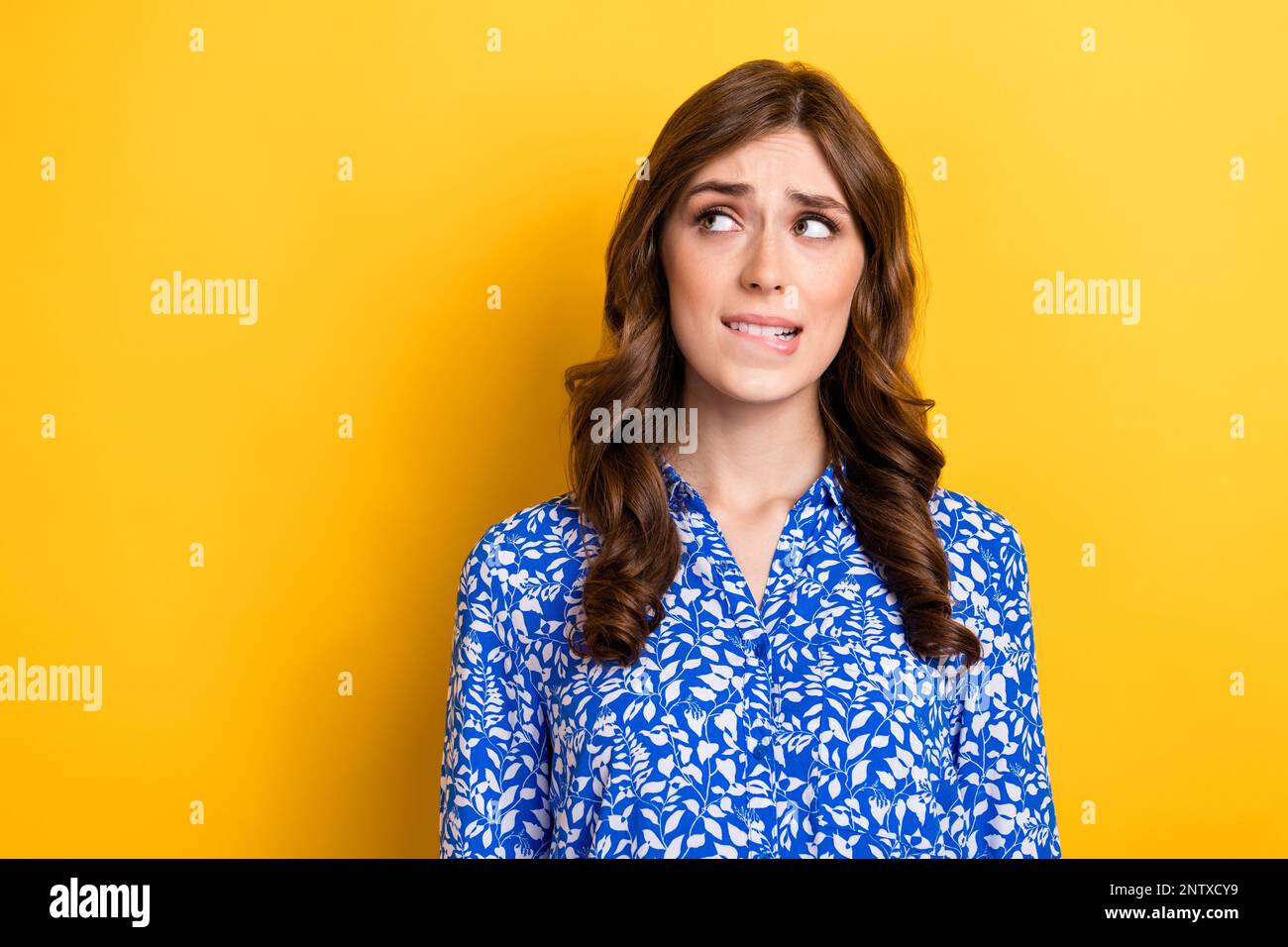 Photo of anxious embarrassed lady wear blue blouse look empty space ...