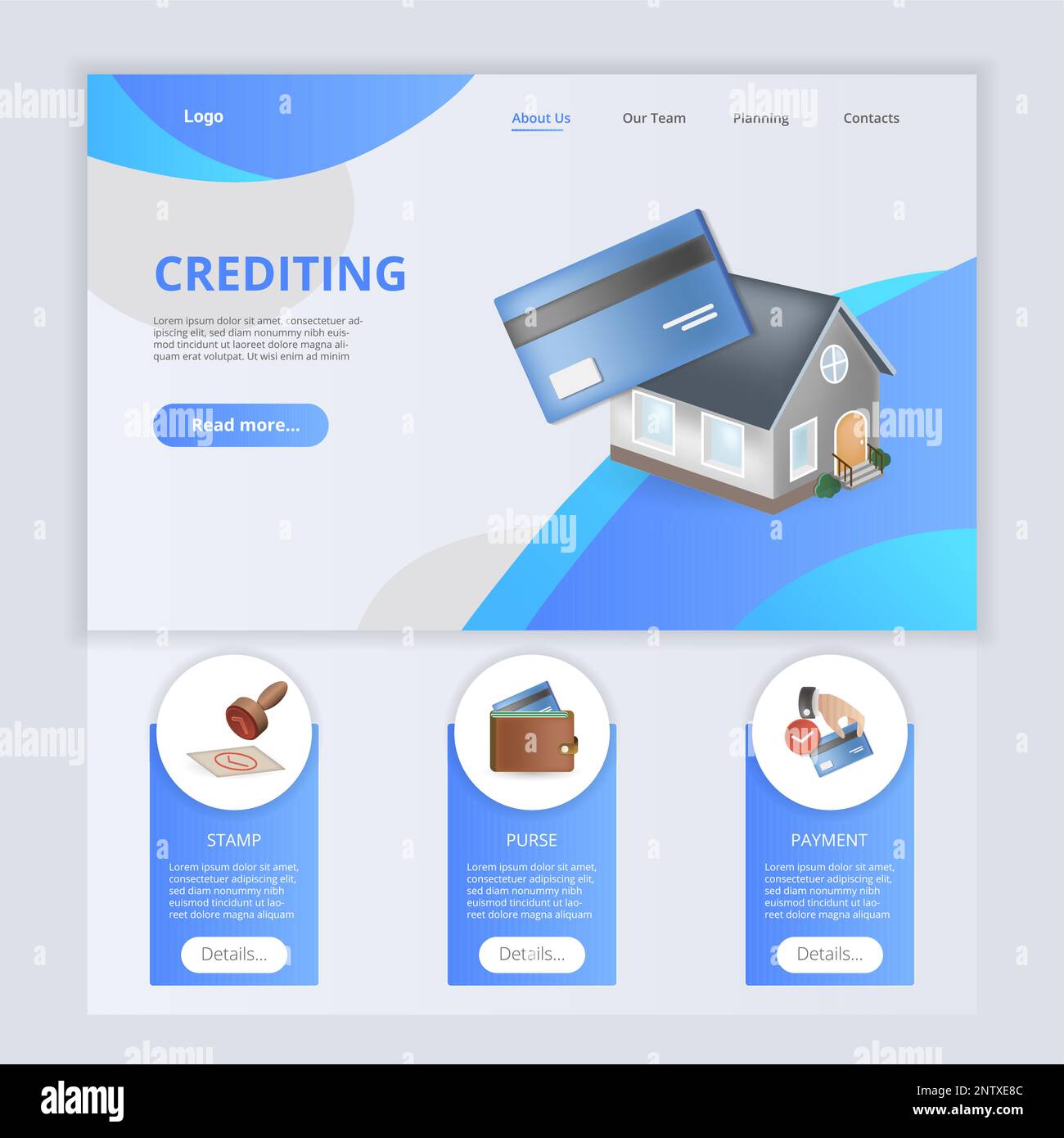 Crediting flat landing page website template. Stamp, purse, payment ...