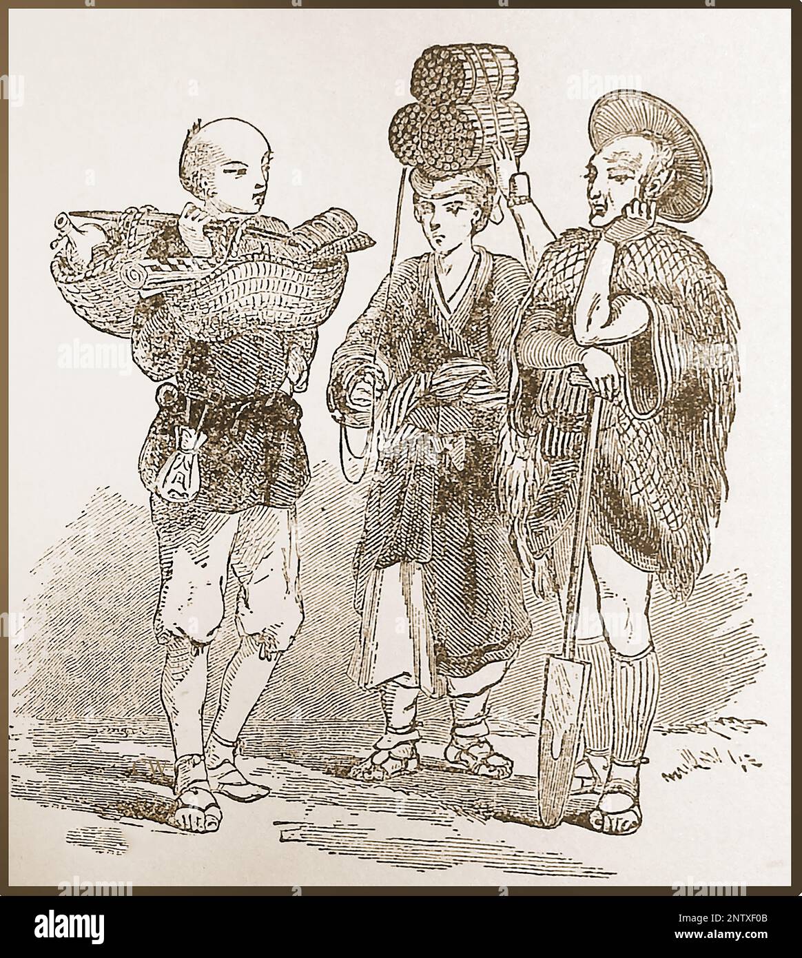 An 1893 engraving of ordinary Japanese working men in their typical ...