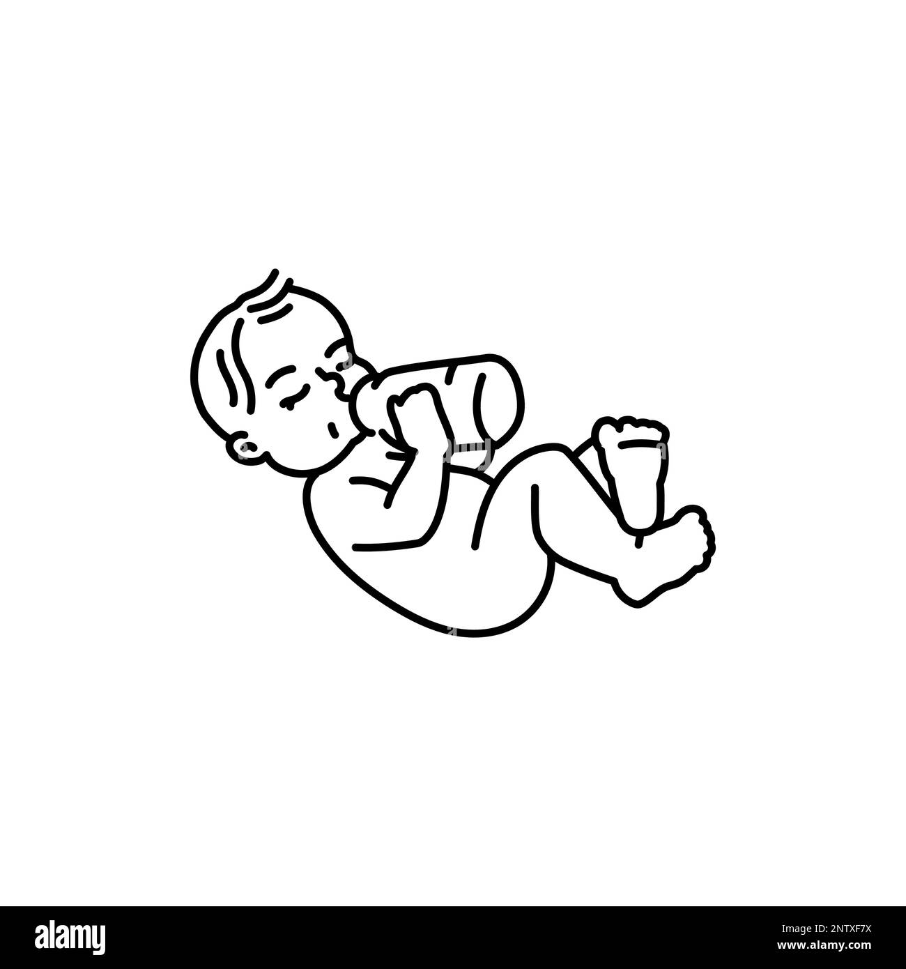 The child lies and drinks milk black line icon. Toddler development ...