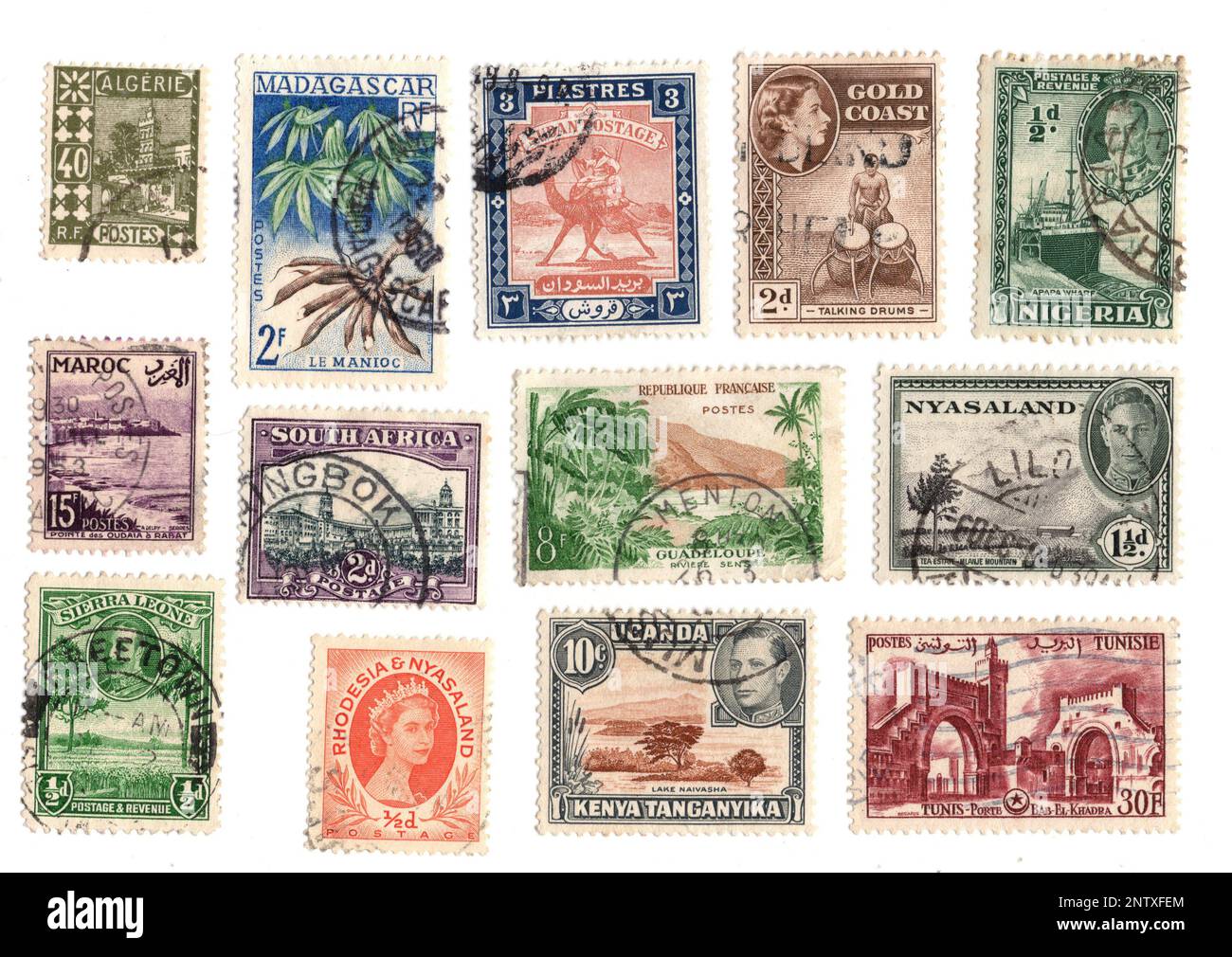 Vintage postage stamps from around the world on a white background ...
