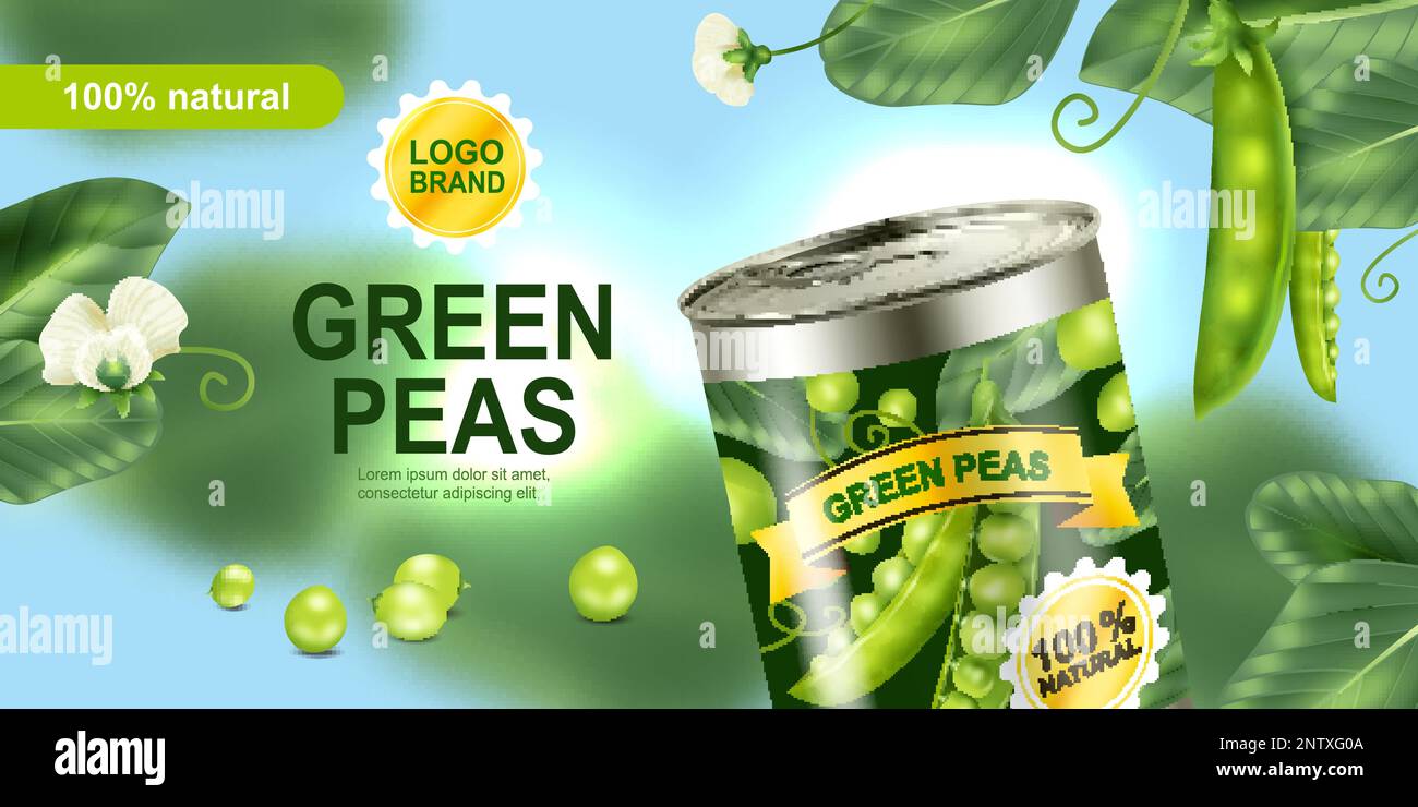 Realistic canned sweat peas ad poster with green beans plants and ...