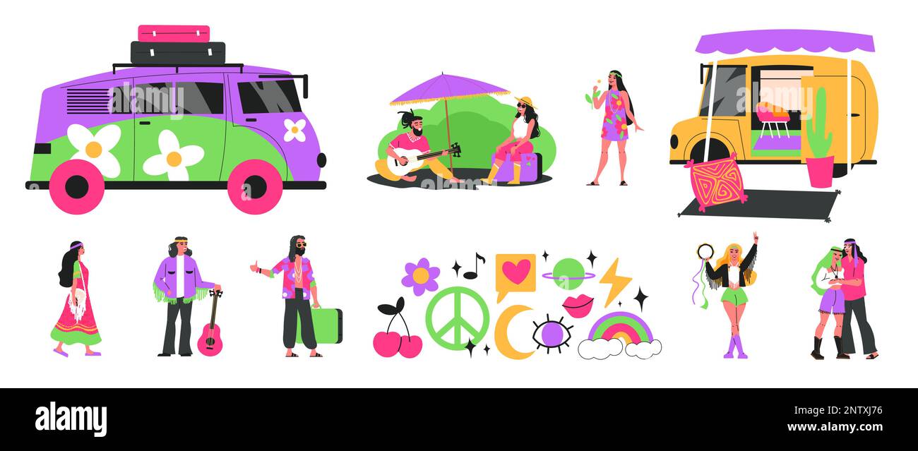 Hippie flat icons set with people in boho clothes and peace fantasy ...