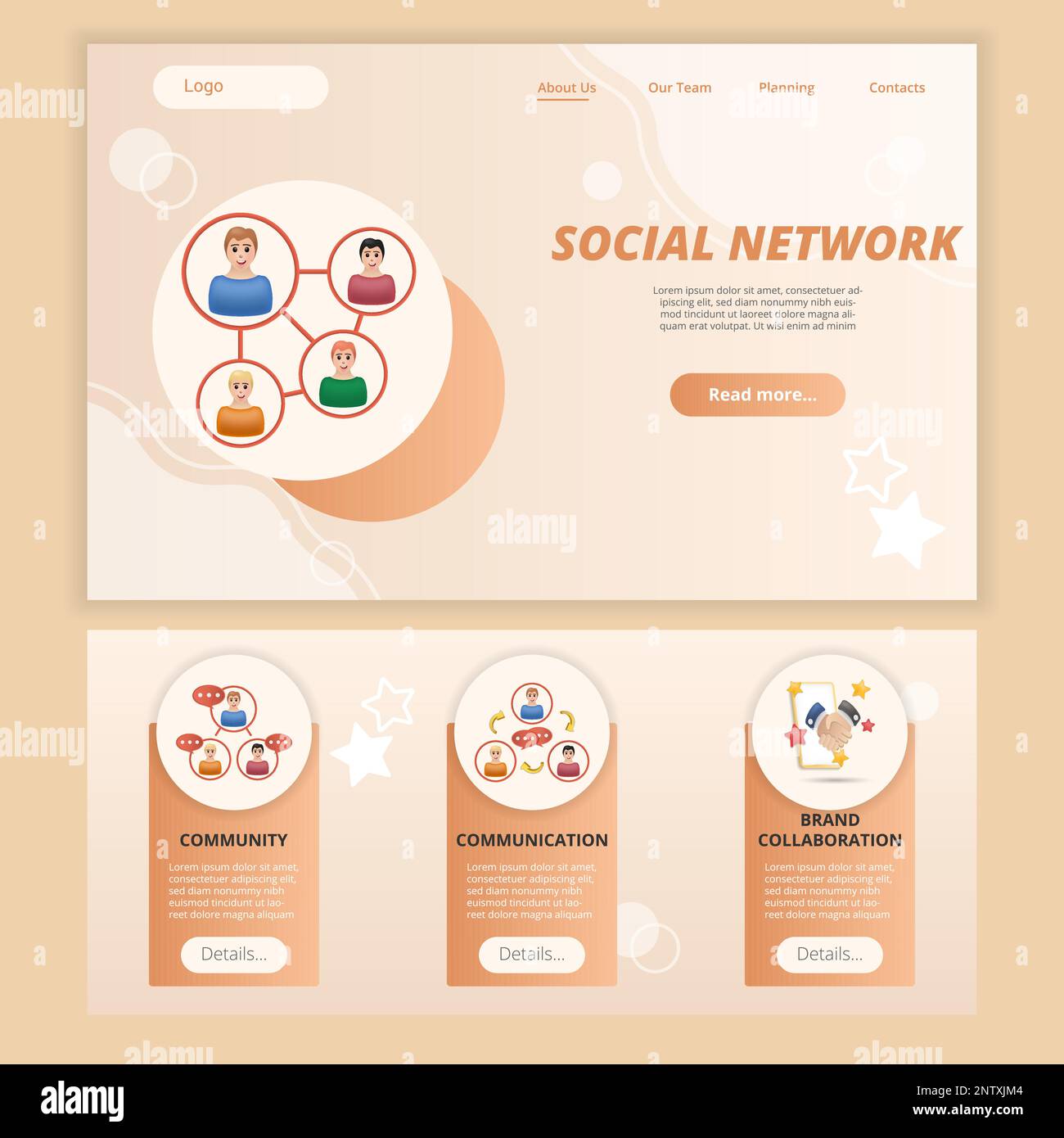 Social network flat landing page website template. Community, communication, brand collaboration ...
