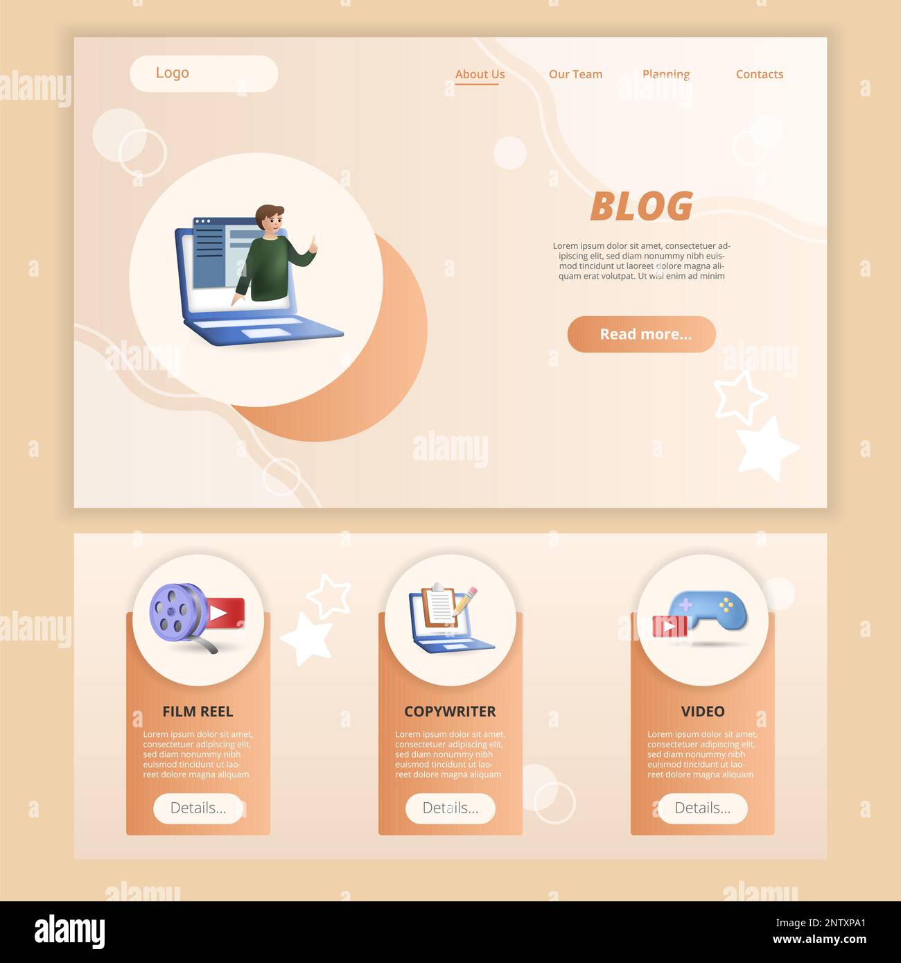 Blog flat landing page website template. Film reel, copywriter, video ...