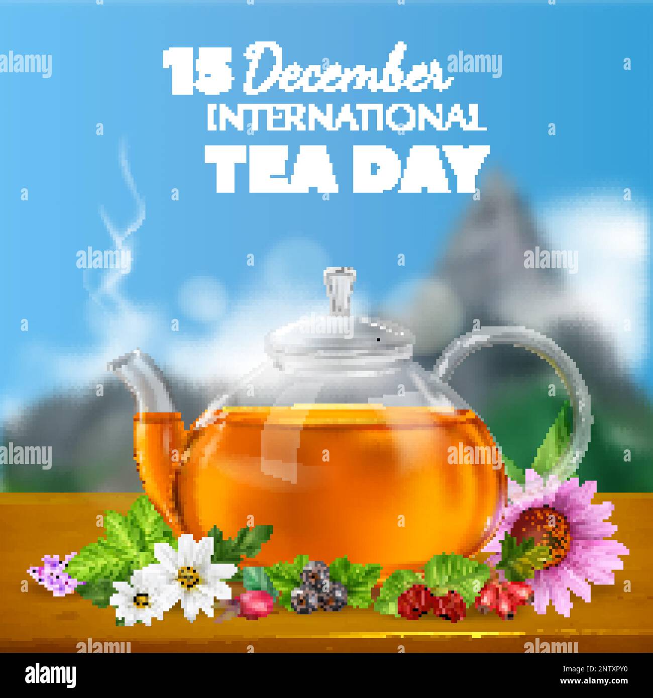 International tea day poster with glass teapost herbs and berries ...