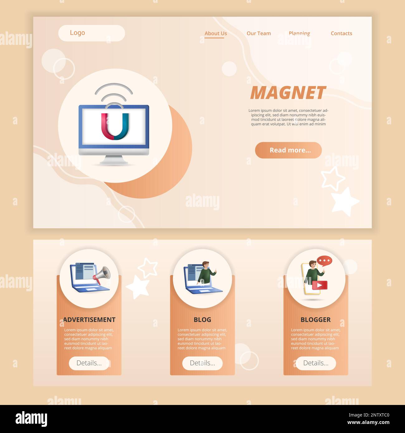 Magnet flat landing page website template. Advertisement, blog, blogger ...