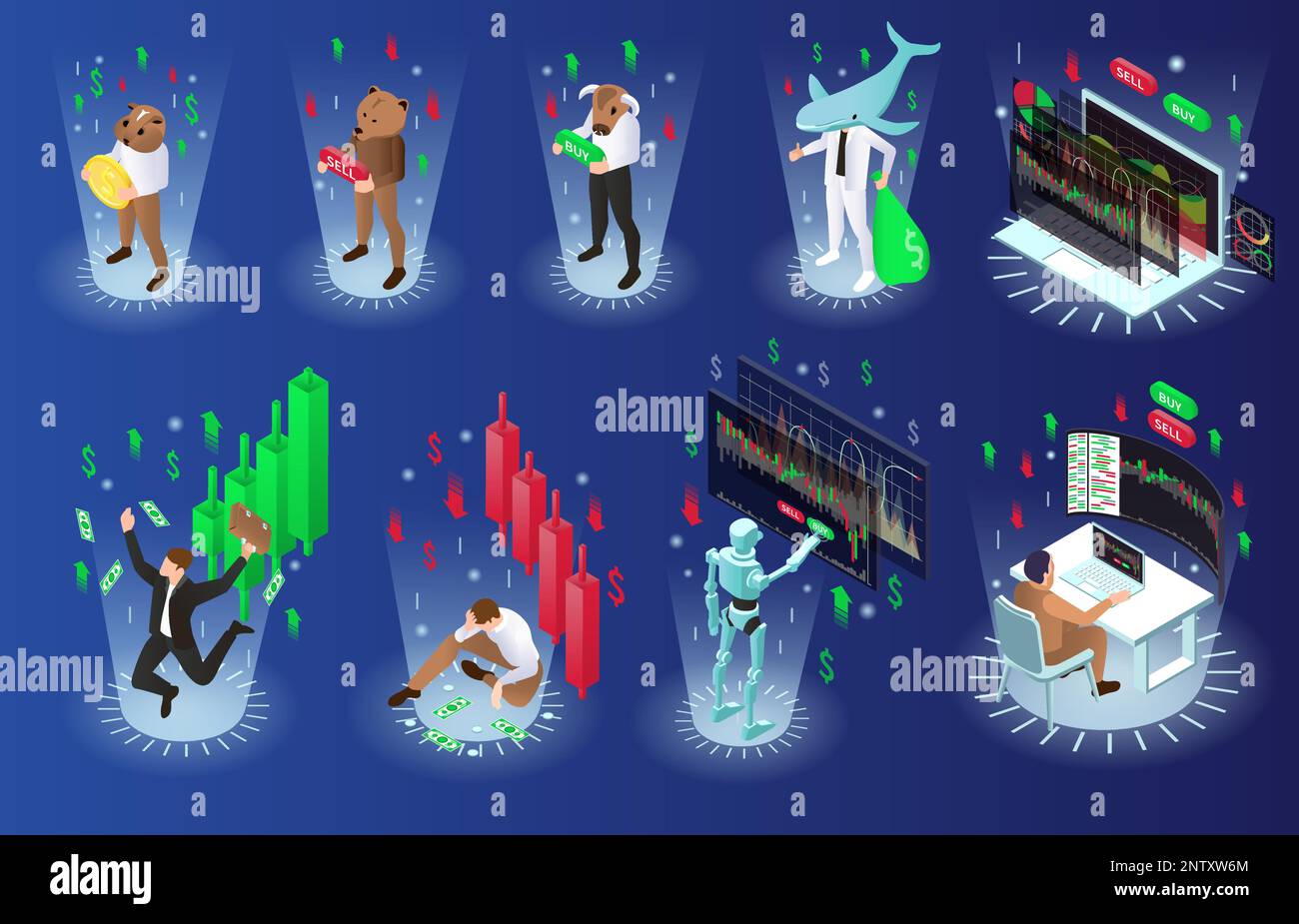 Trading isometric set with finance and market rise symbols isolated ...