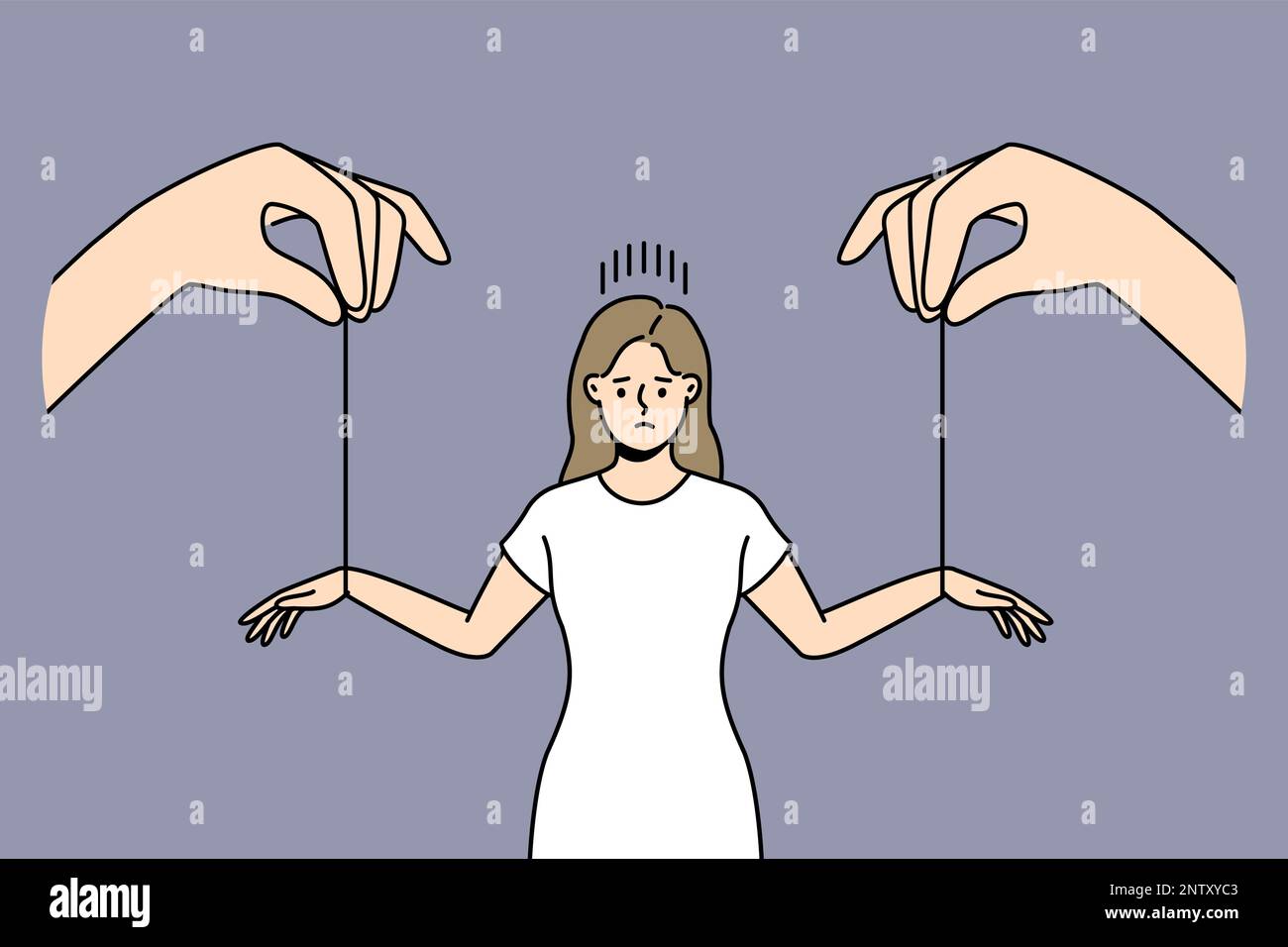 Huge hands with threads manipulate stressed woman. Unhappy female ...