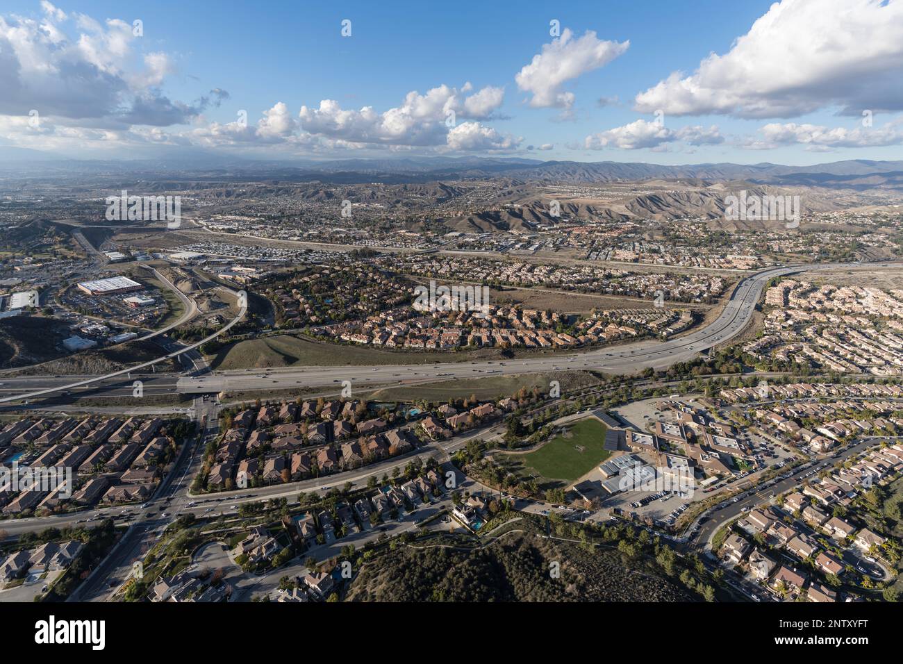 Aerial cityscape view of suburban sprawl north of Los Angeles in Santa ...