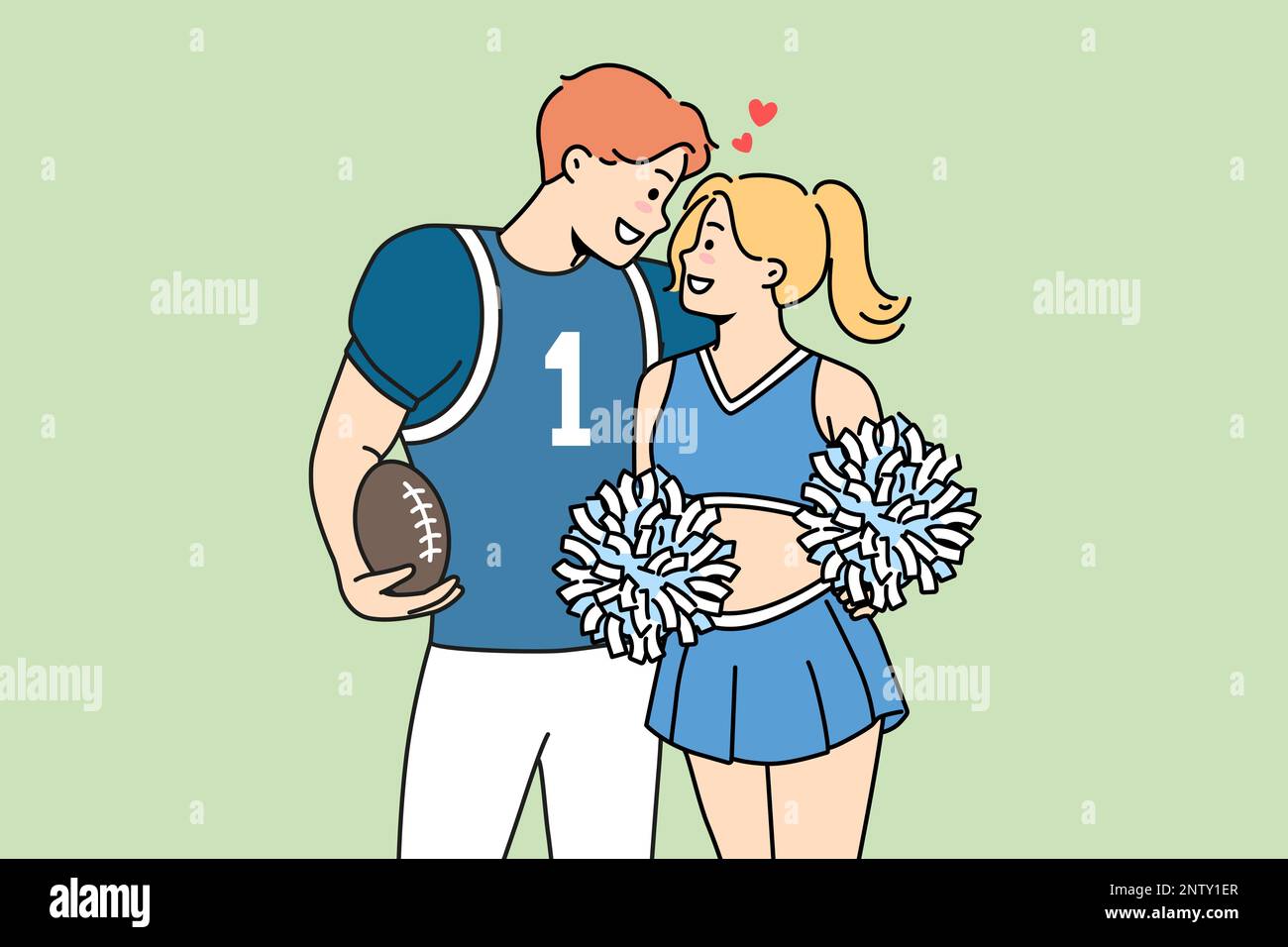 Smiling teen couple in sport uniform hugging. Happy guy American ...