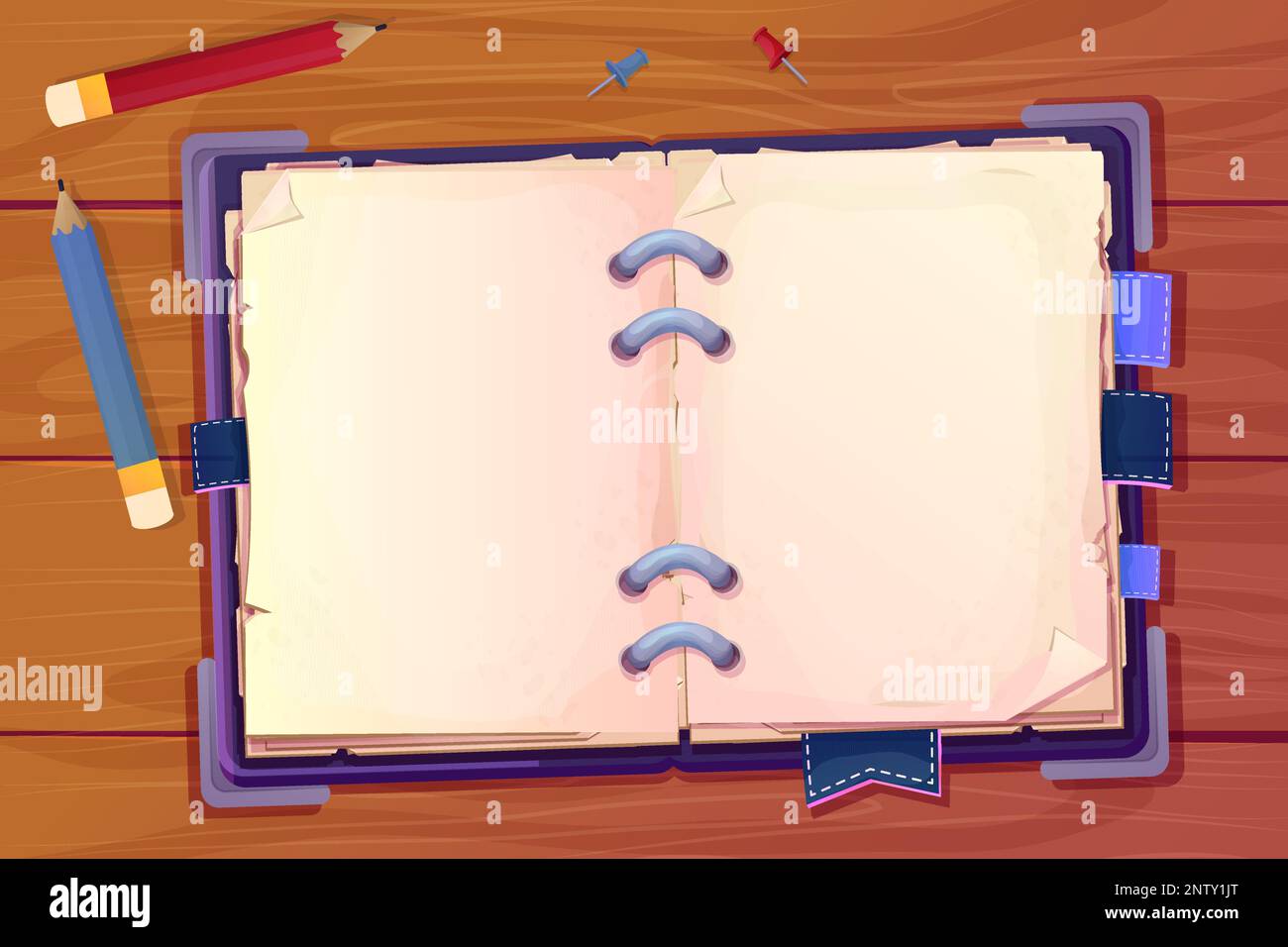 Diary, note book in cartoon style top view on wooden desk background ...