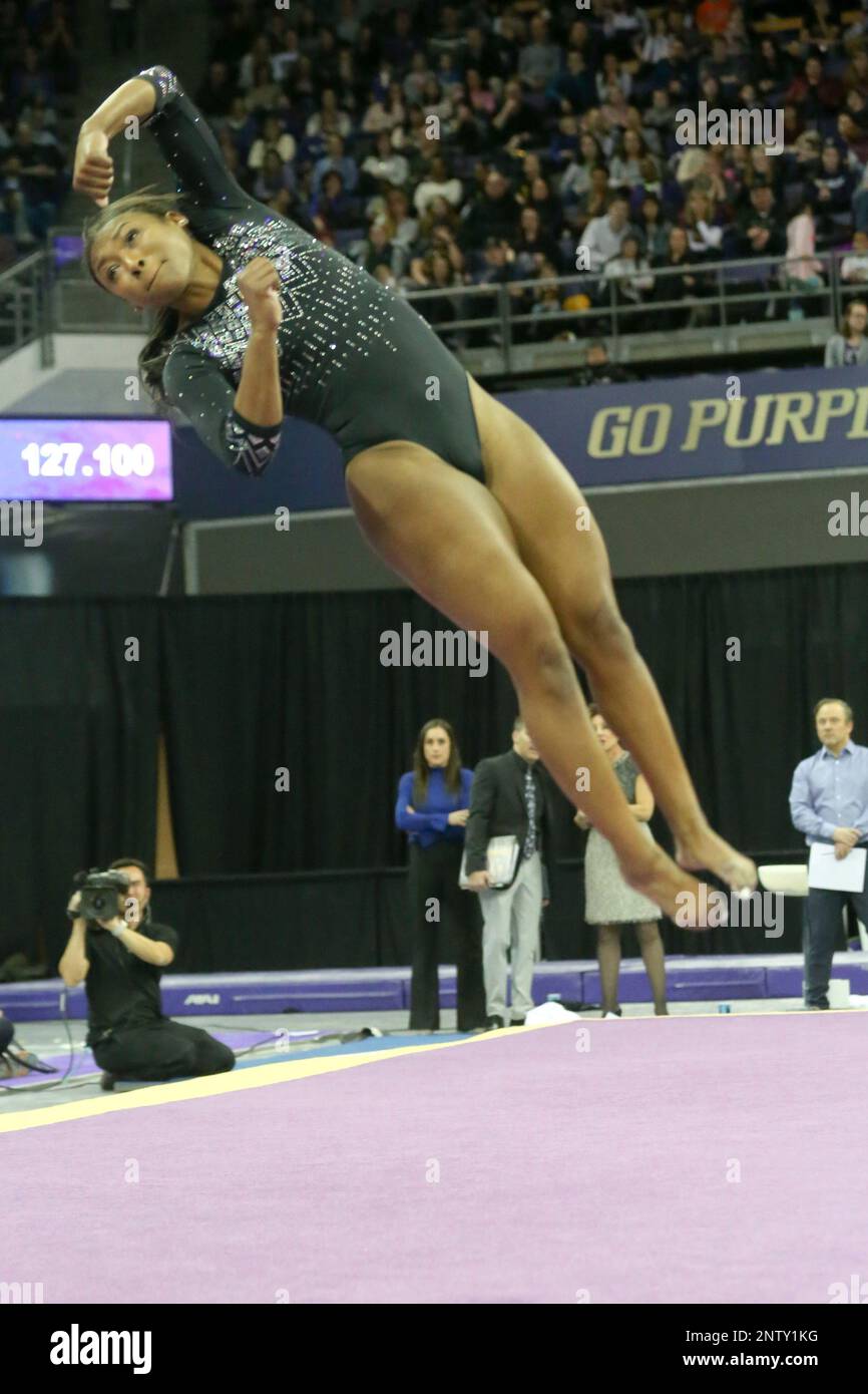 SEATTLE, WA - FEBRUARY 10: UCLA gymnast Nia Dennis performs her floor ...