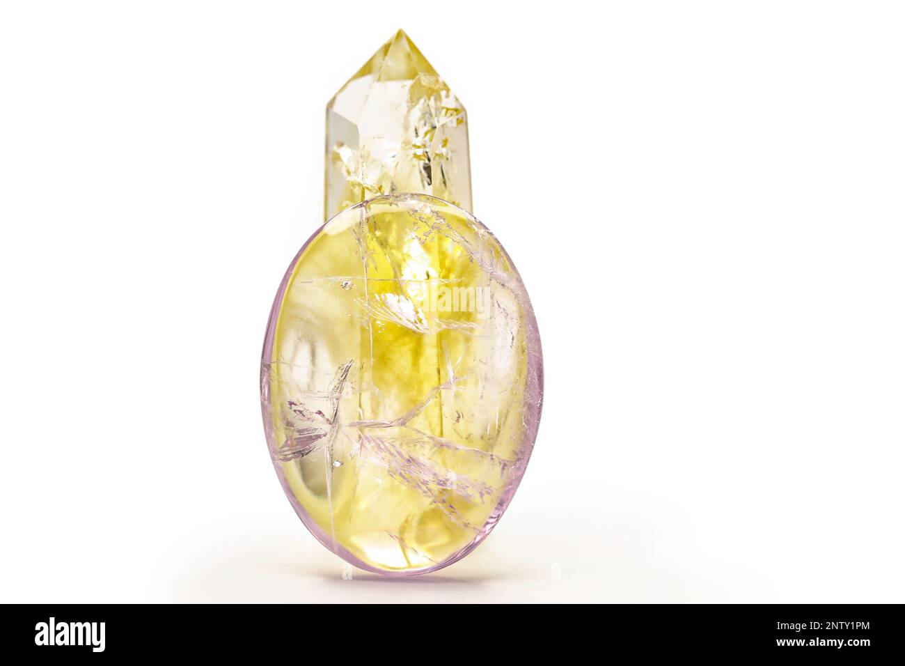 Amethyst Palm Stone and Pale Yellow Citrine Point on a white background ...