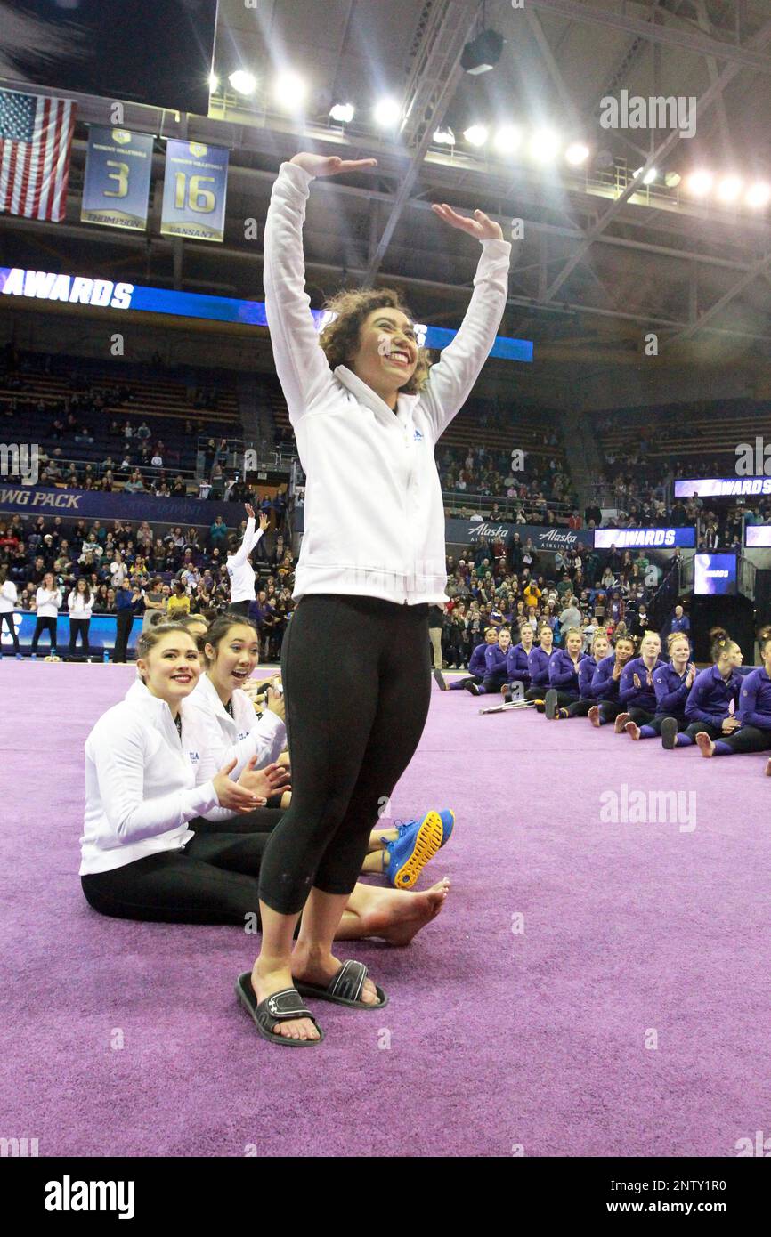 SEATTLE, WA - FEBRUARY 10: UCLA gymnast Katelyn Ohashi waves to the ...