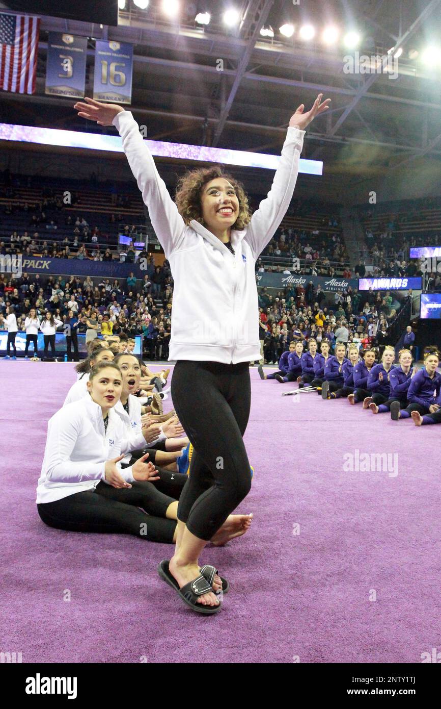 SEATTLE, WA - FEBRUARY 10: UCLA gymnast Katelyn Ohashi waves to the ...