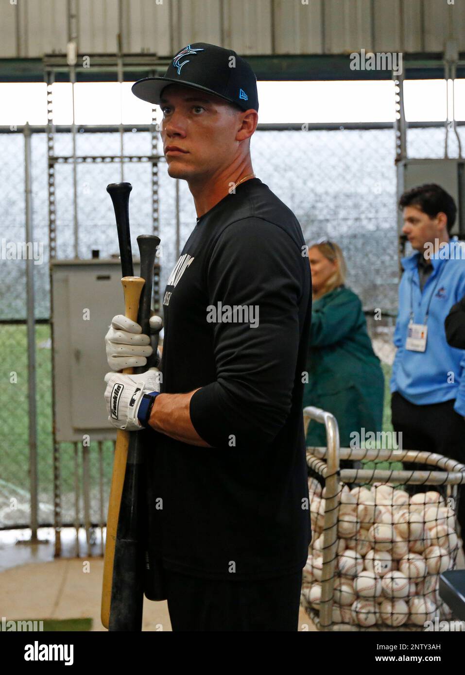 Miami Marlins infielder Peter O'Brien looks on during the spring ...