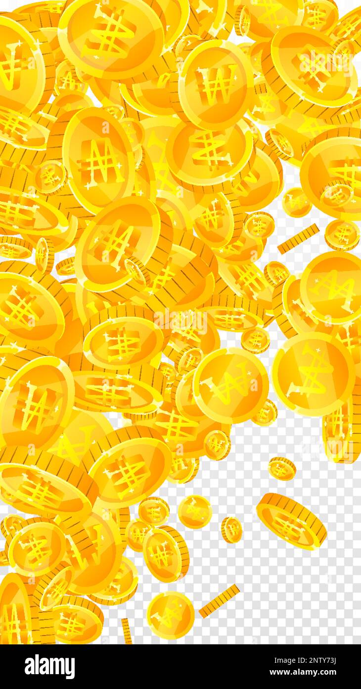 Korean won coins falling. Scattered gold WON coins. Korea money ...