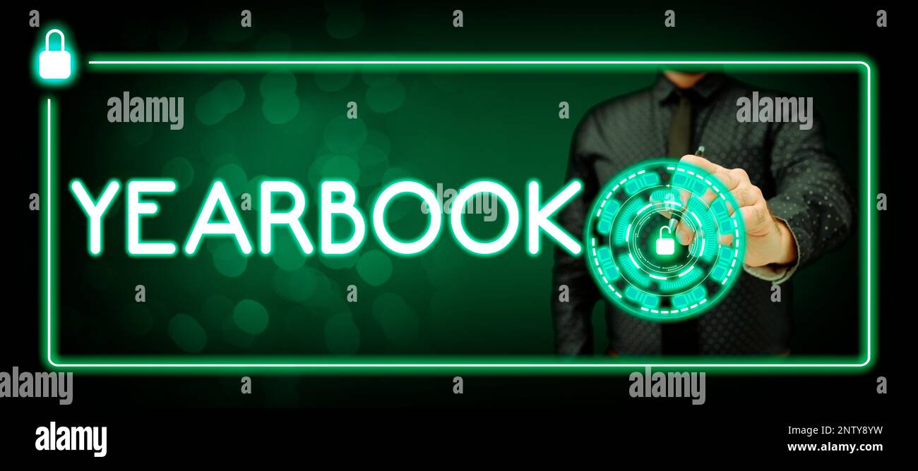 Hand writing sign Yearbook. Business idea publication compiled by ...