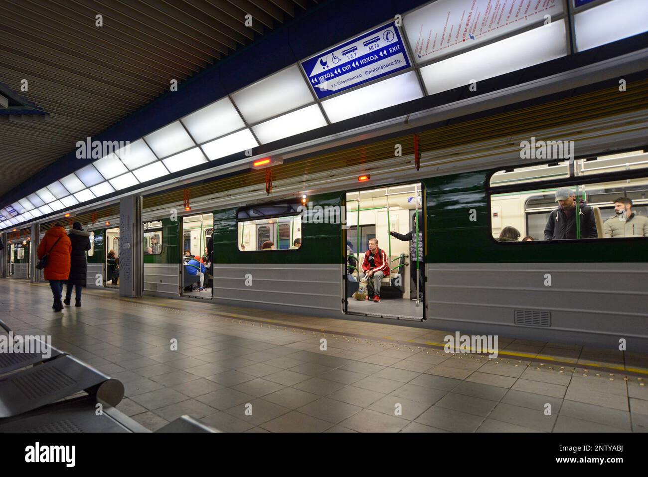 Passengers catching a train at Opalchenska Metro station, Sofia ...
