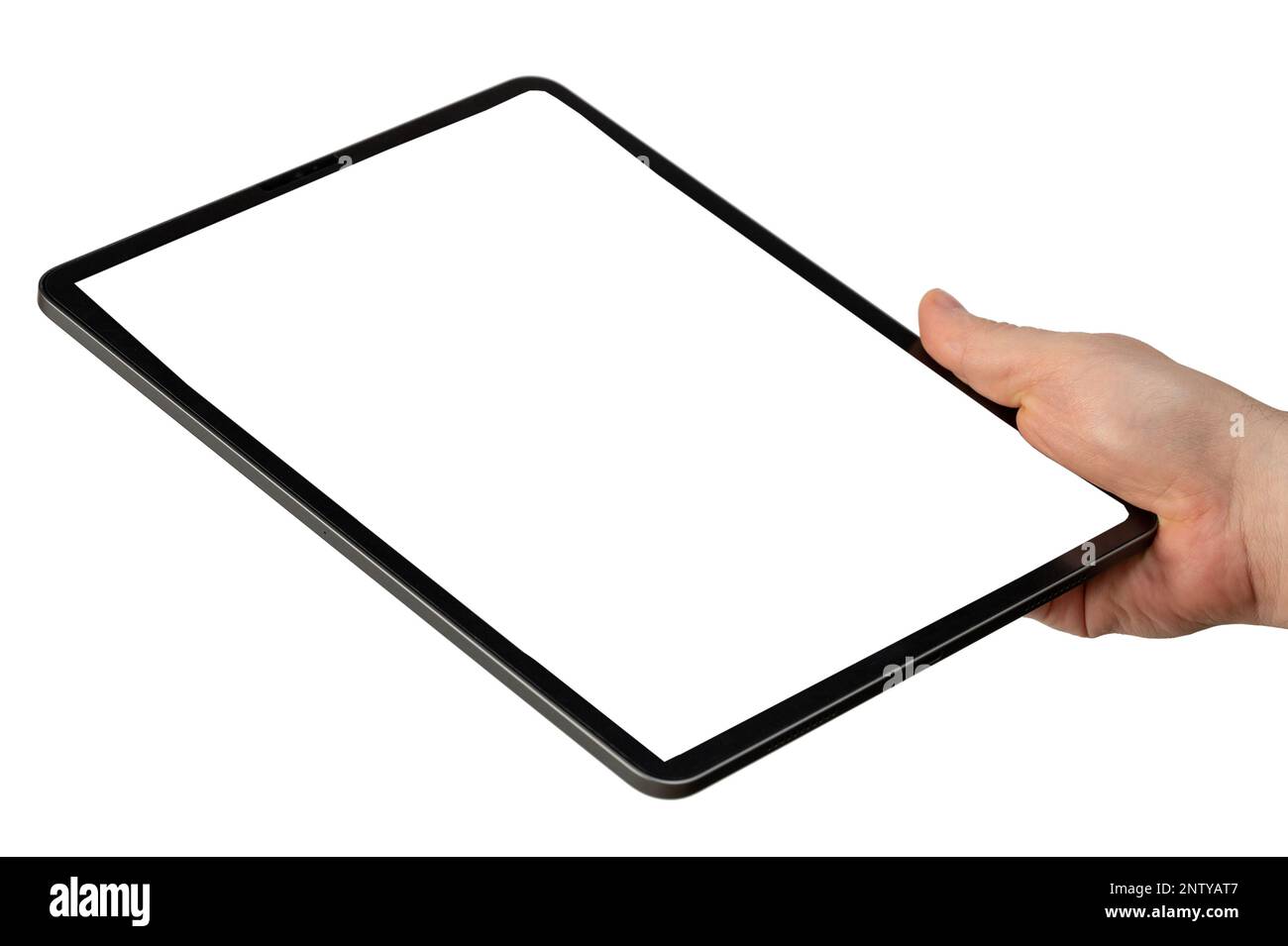 Tablet in vertical position hand with clean screen close up view ...