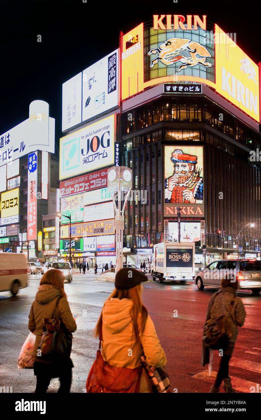 Tusukisamu dori at Sapporo Ekimae dori, Illuminated signs on buildings ...