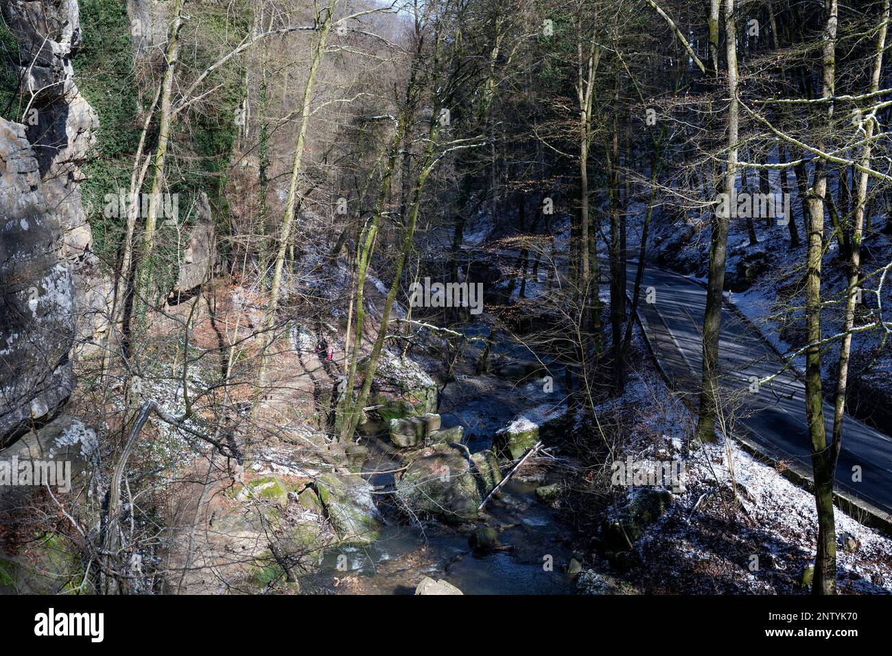 Europe, Luxembourg, Mullerthal, Crossing the Black Ernz River from ...