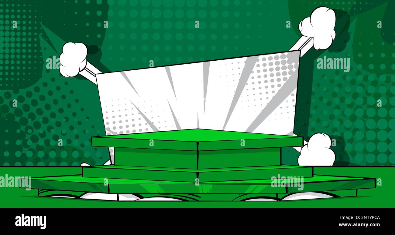 Green Comic Book Product podium. Cartoon stage. Pop Art mockup ...