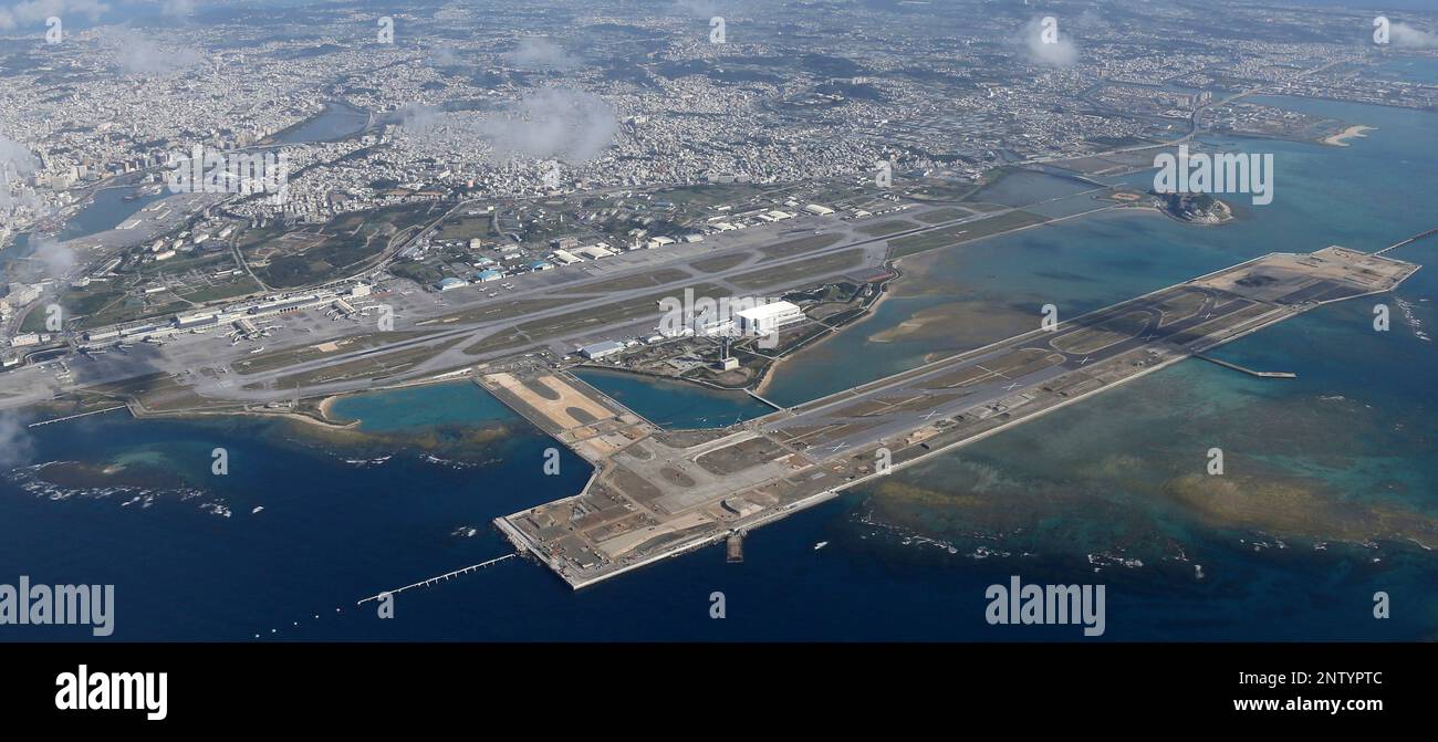 An aerial photo shows Naha Airport in Naha, Okinawa Prefecture on ...