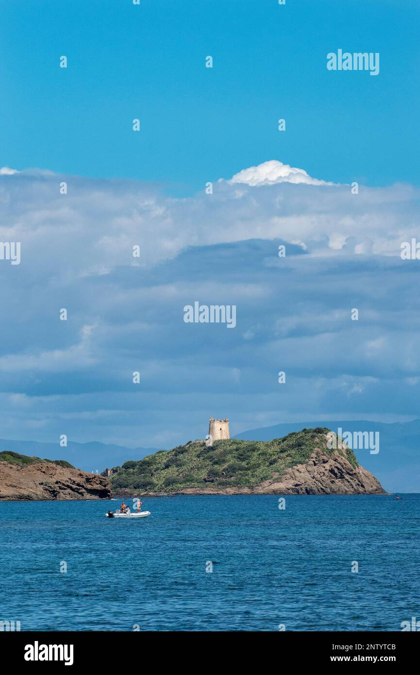 A Spanish watchtower overlooking the seafront at Nora, Sardinia, Italy ...