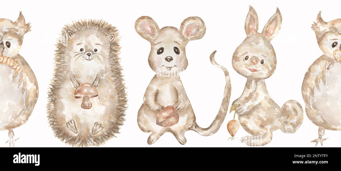 Watercolor hand painted forest animal seamless border. Woodland animals ...