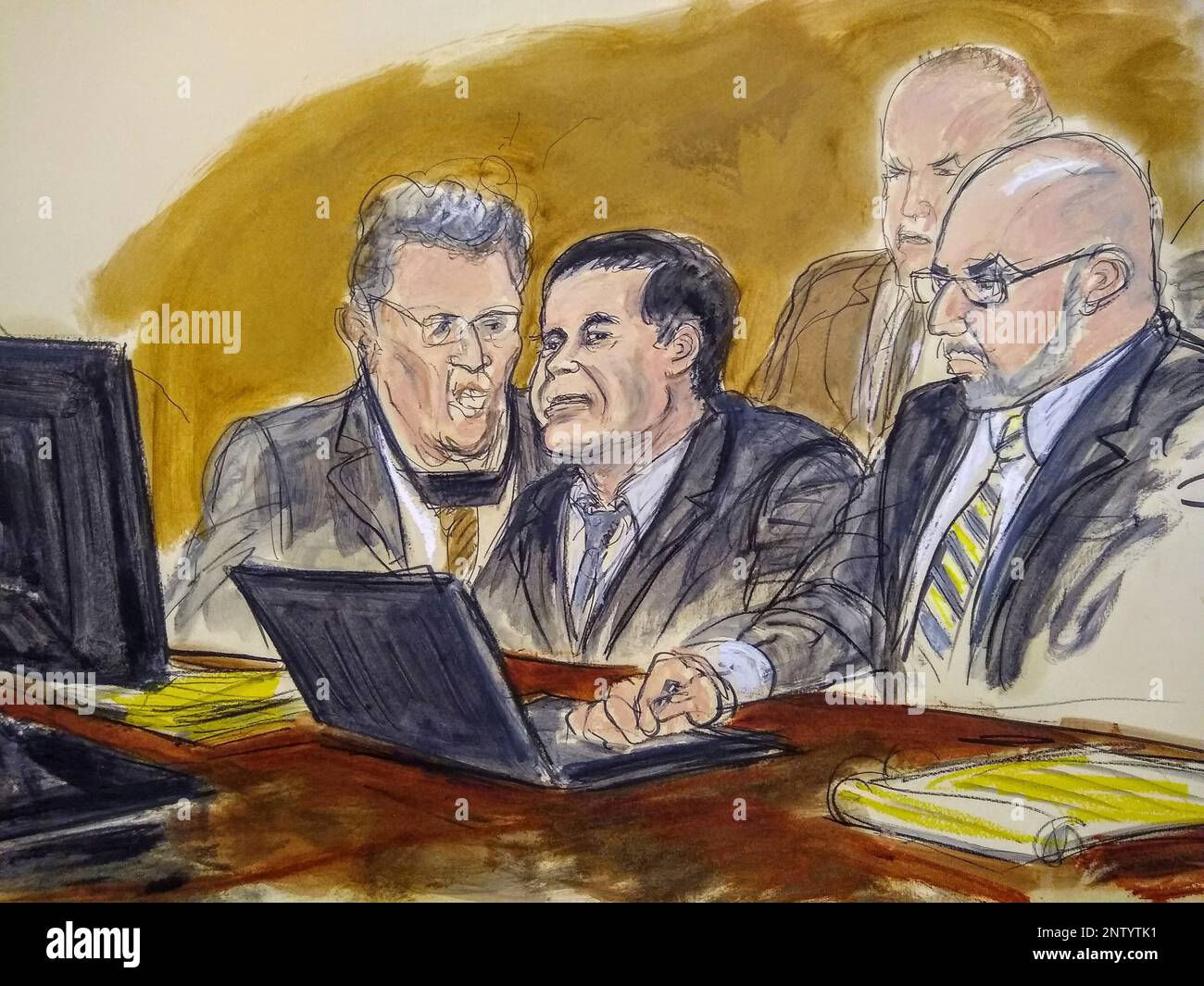 In this courtroom drawing, Joaquin El Chapo Guzman, center, listens to ...