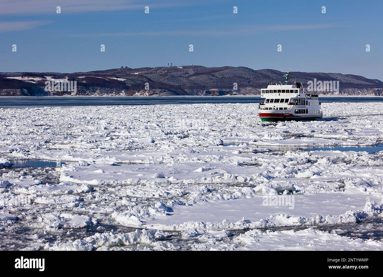 Frozen sea and sightseeing icebreaker, Aurora ship 2,Abashiri, Hokkaido ...