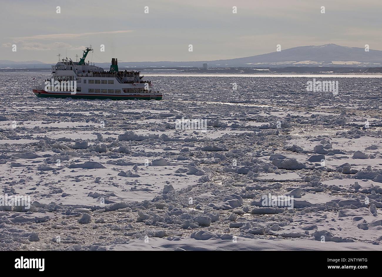 Frozen sea and sightseeing icebreaker, Aurora ship 2,Abashiri, Hokkaido ...
