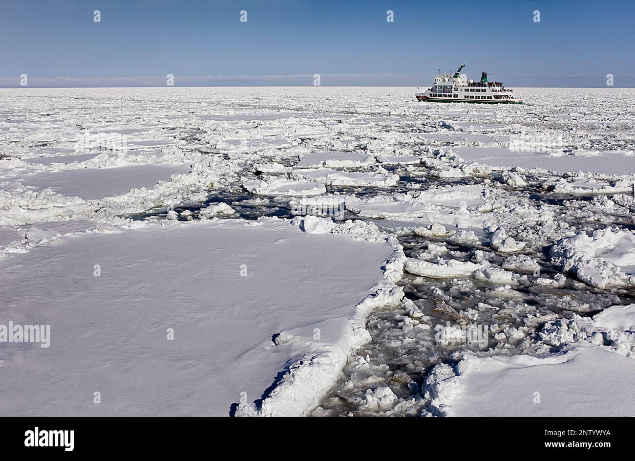 Frozen sea and sightseeing icebreaker, Aurora ship 2,Abashiri, Hokkaido ...