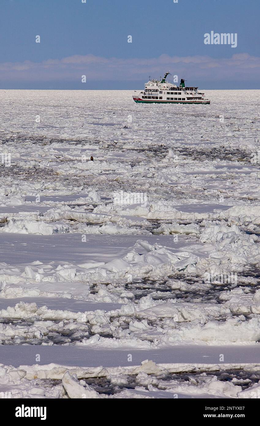 Frozen sea and sightseeing icebreaker, Aurora ship 2,Abashiri, Hokkaido ...