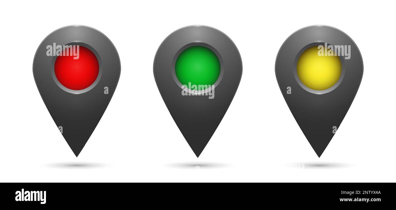 Realistic geolocation icons with yellow, green and red inserts on a ...