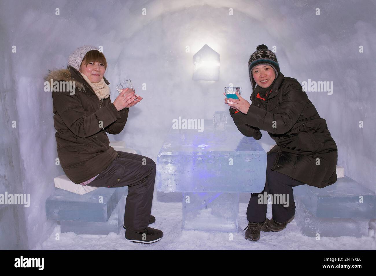 Girls in Ice bar,Igloo Village on Shikaribetsu frozen lake,Snow Water ...