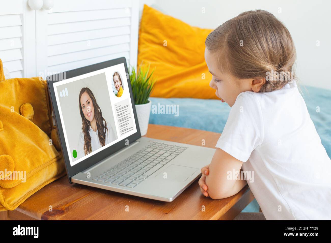 Education concept. Young girl child studying at home. Online school ...