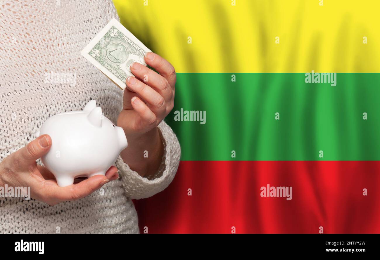 Lithuanian woman with money bank on the background of Lithuania flag ...